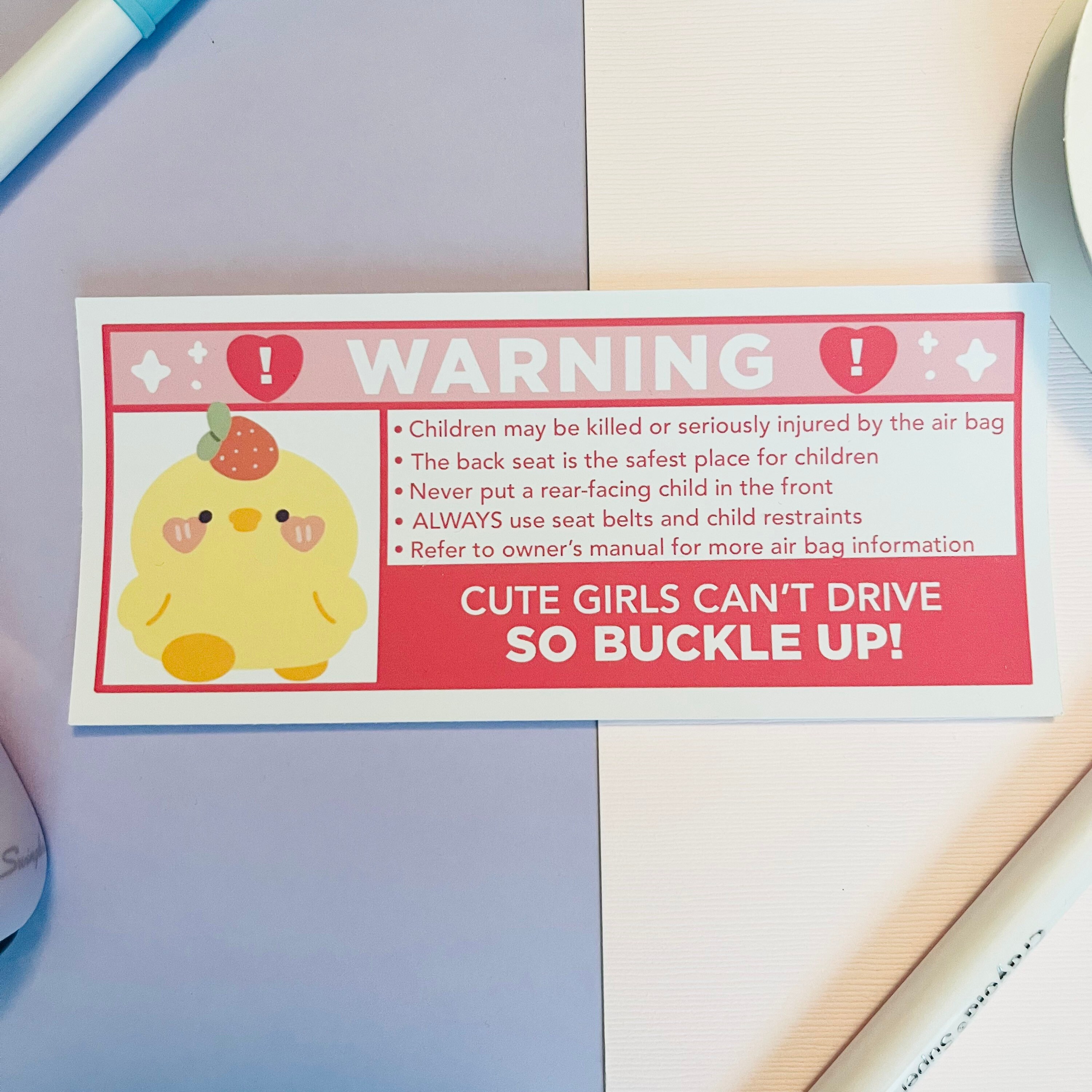 Cute Strawberry Duck Warning Sticker | Pink Kawaii Decal, Airbag Label ...