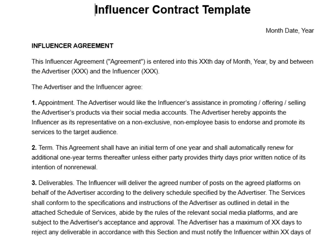 Influencer Contract /social Media Agreement/collaboration /brand ...