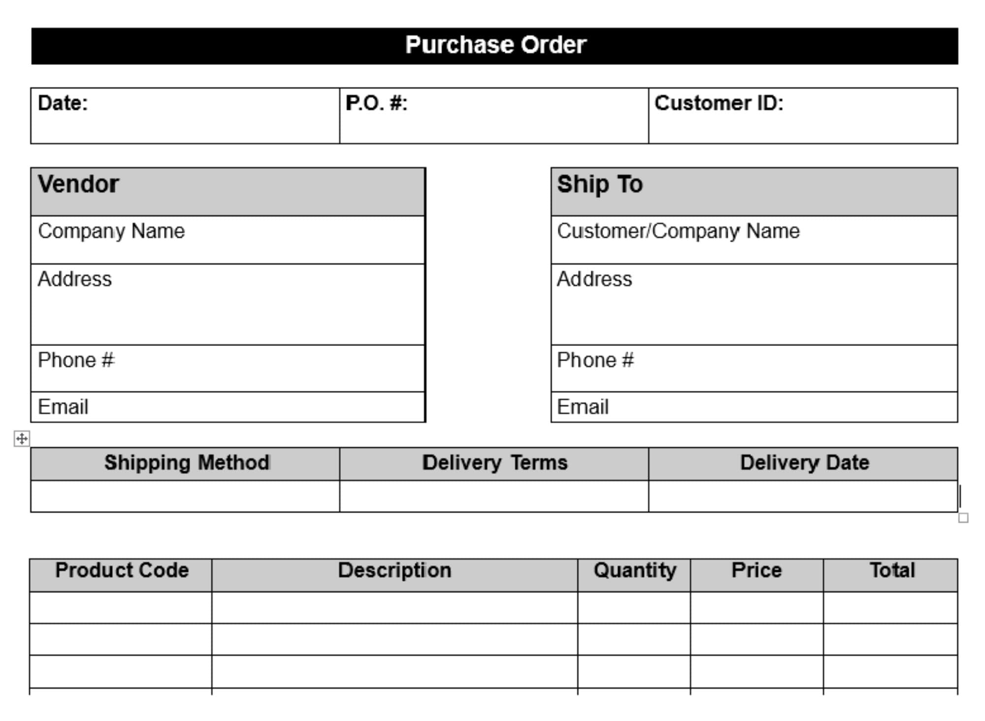 Purchase Order From Customer to Seller Form/ Contractor Purchase Form ...