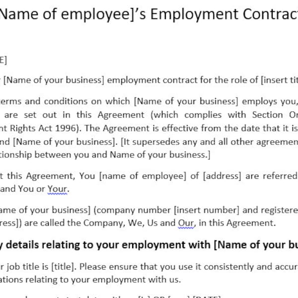 Uk Employment Contract Template - Etsy