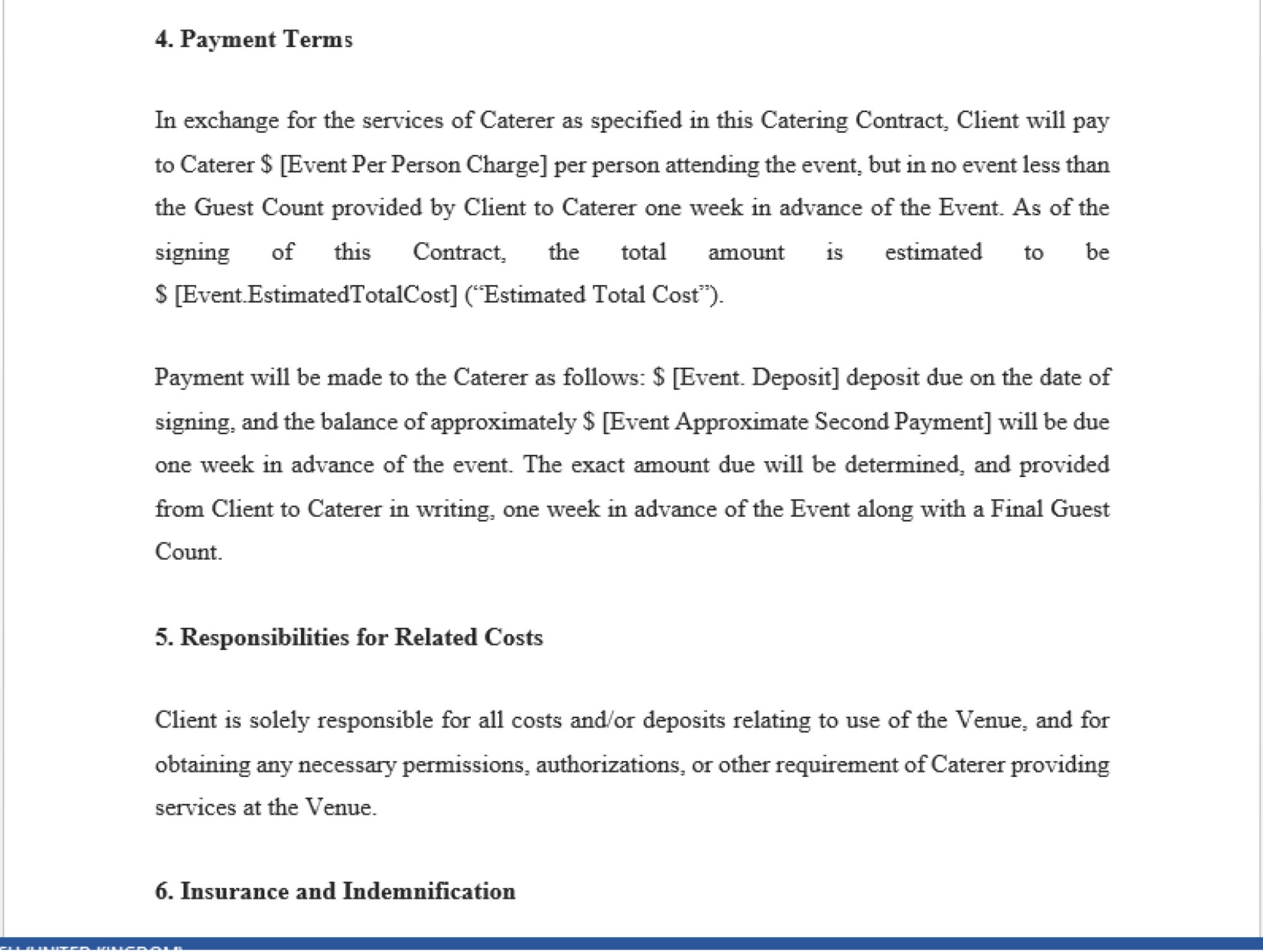 Catering Contract Template / Microsoft Word / Customisation Editable ...
