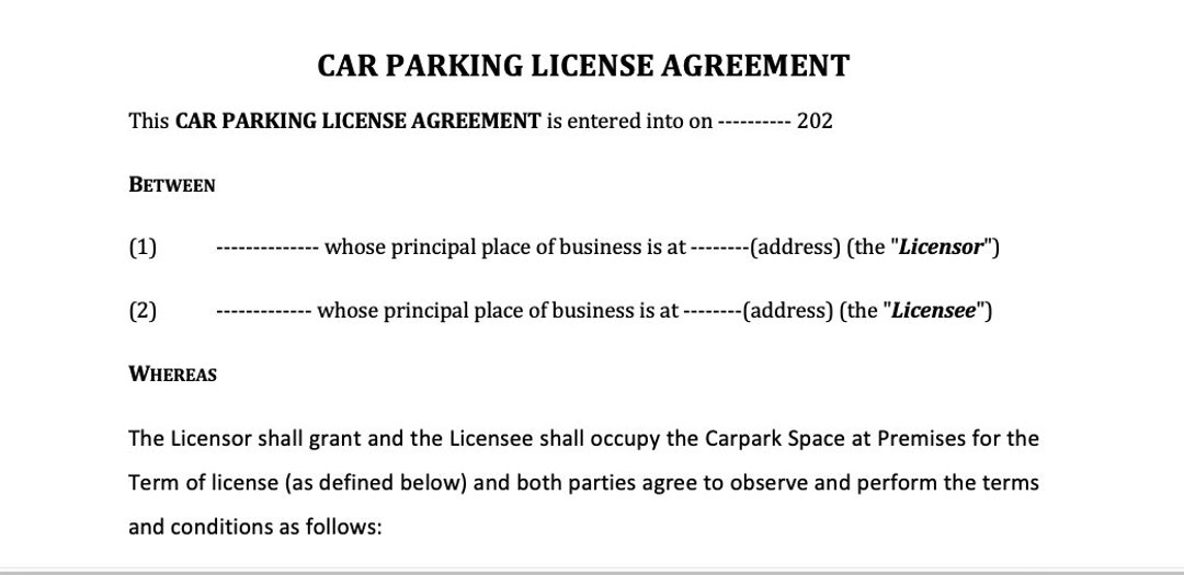 Editable Car Parking Licence Agreement / Rental Car Parking Lease ...
