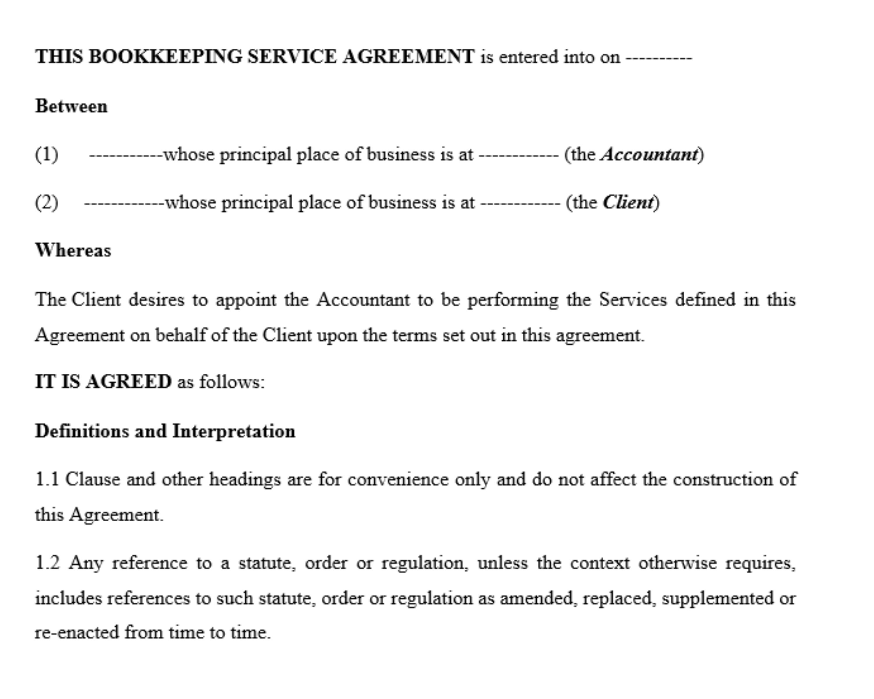 Bookkeeping Agreement /contract / Accounting Service Agreement ...