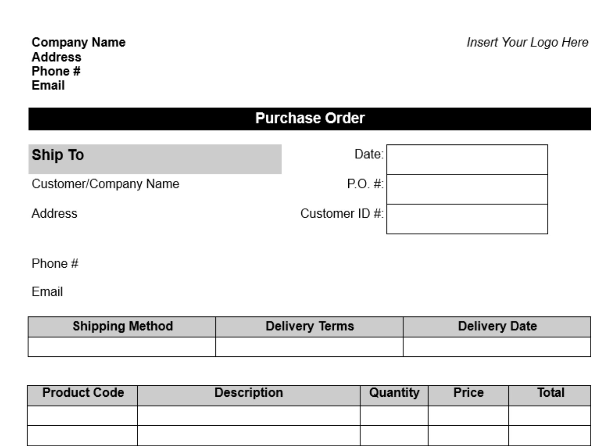 Purchase Order From Seller to Customer Form/ Contractor Purchase Form ...