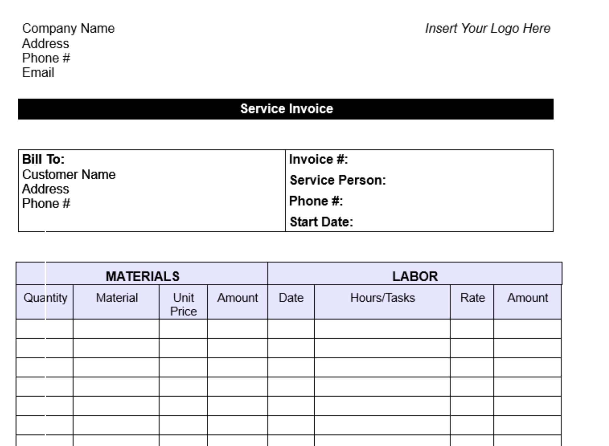 Service Invoice/ Contractor Service Invoice Receipt Form/ Service ...