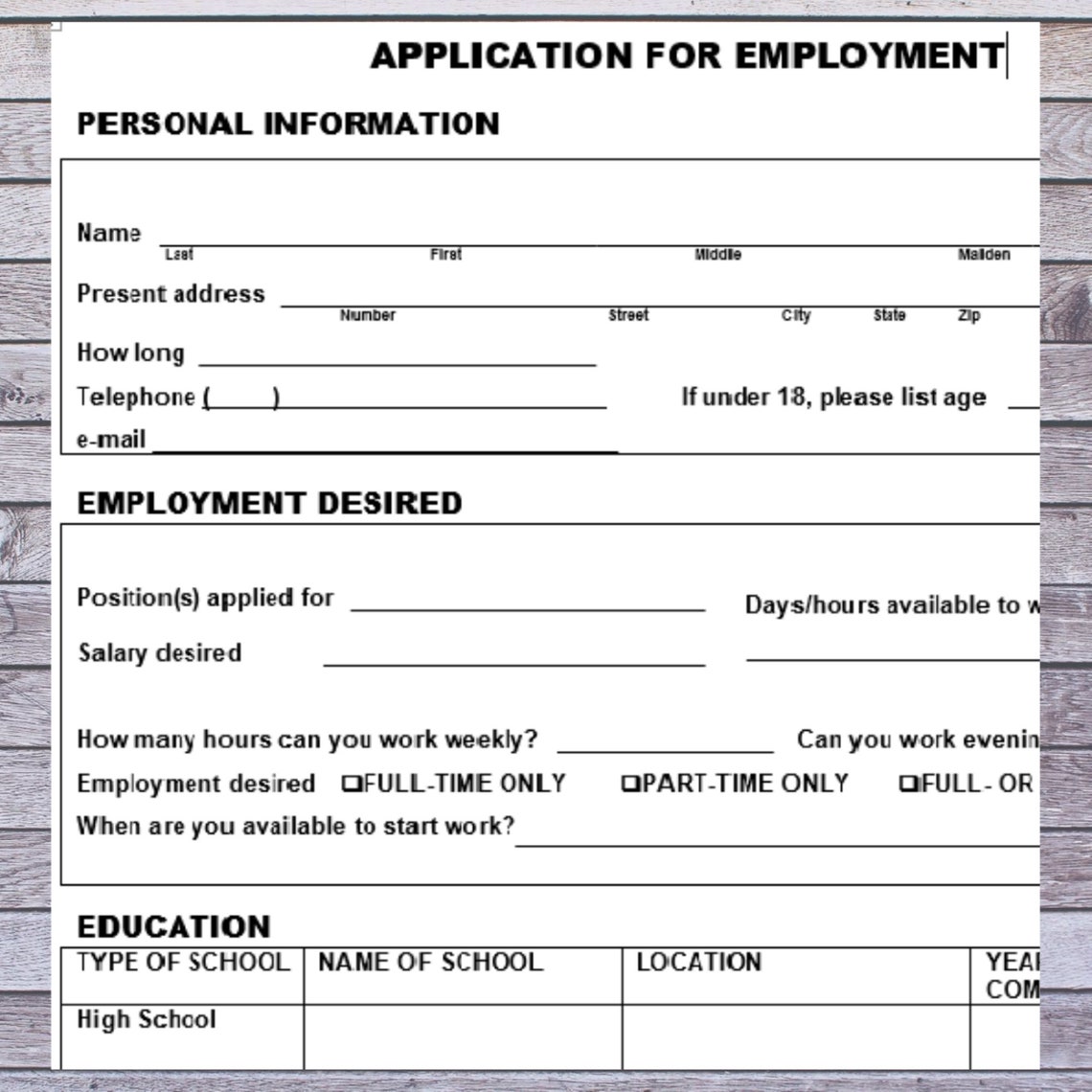 Application for Employment// Generic Small Business Employment ...