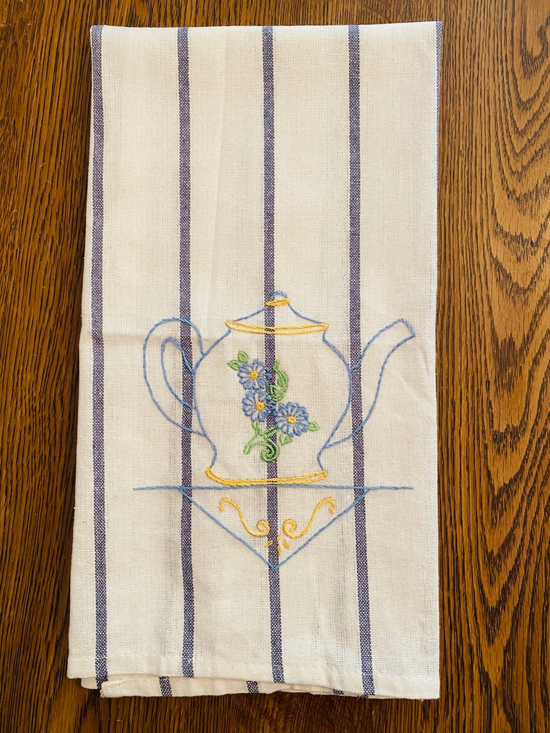 Hand-embroidered Floral Teapot Kitchen Towels on Patterned Tea Towels ...