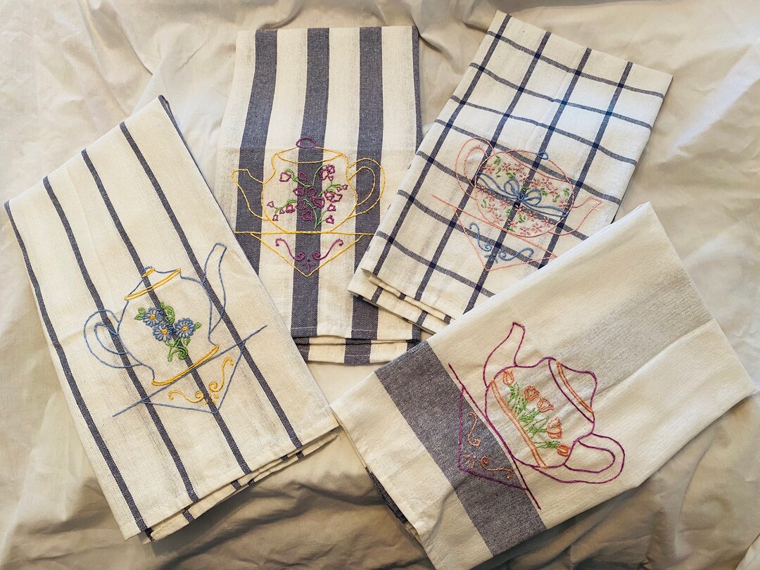 Hand-embroidered Floral Teapot Kitchen Towels on Patterned Tea Towels ...