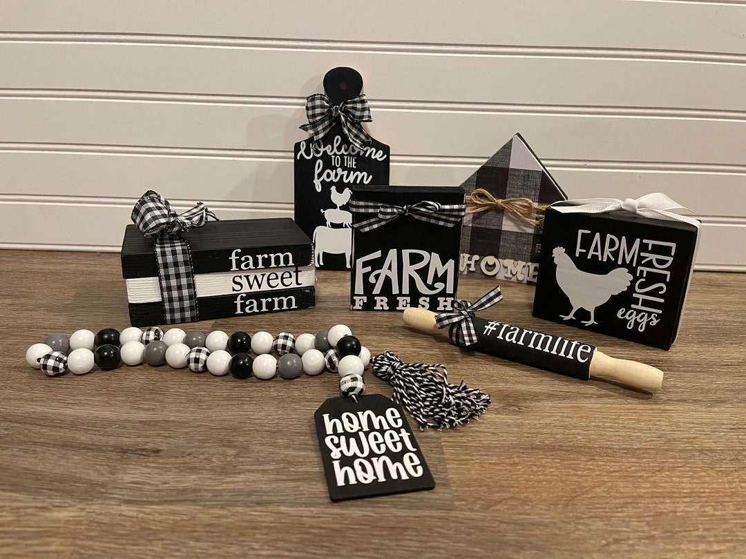 Farmhouse Tiered Tray Decor, Black and White Tiered Tray Decor, Beaded ...