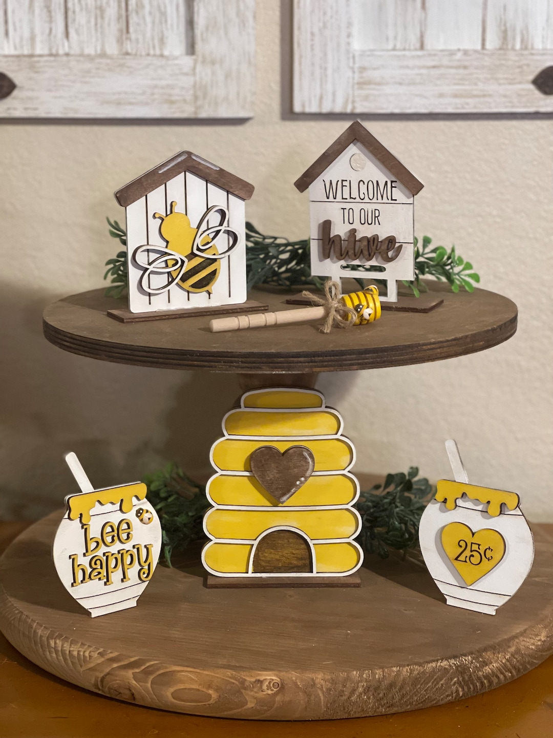 Bee Tiered Tray Decor, Farmhouse Decor, Spring/summer Decor, Bee Happy ...