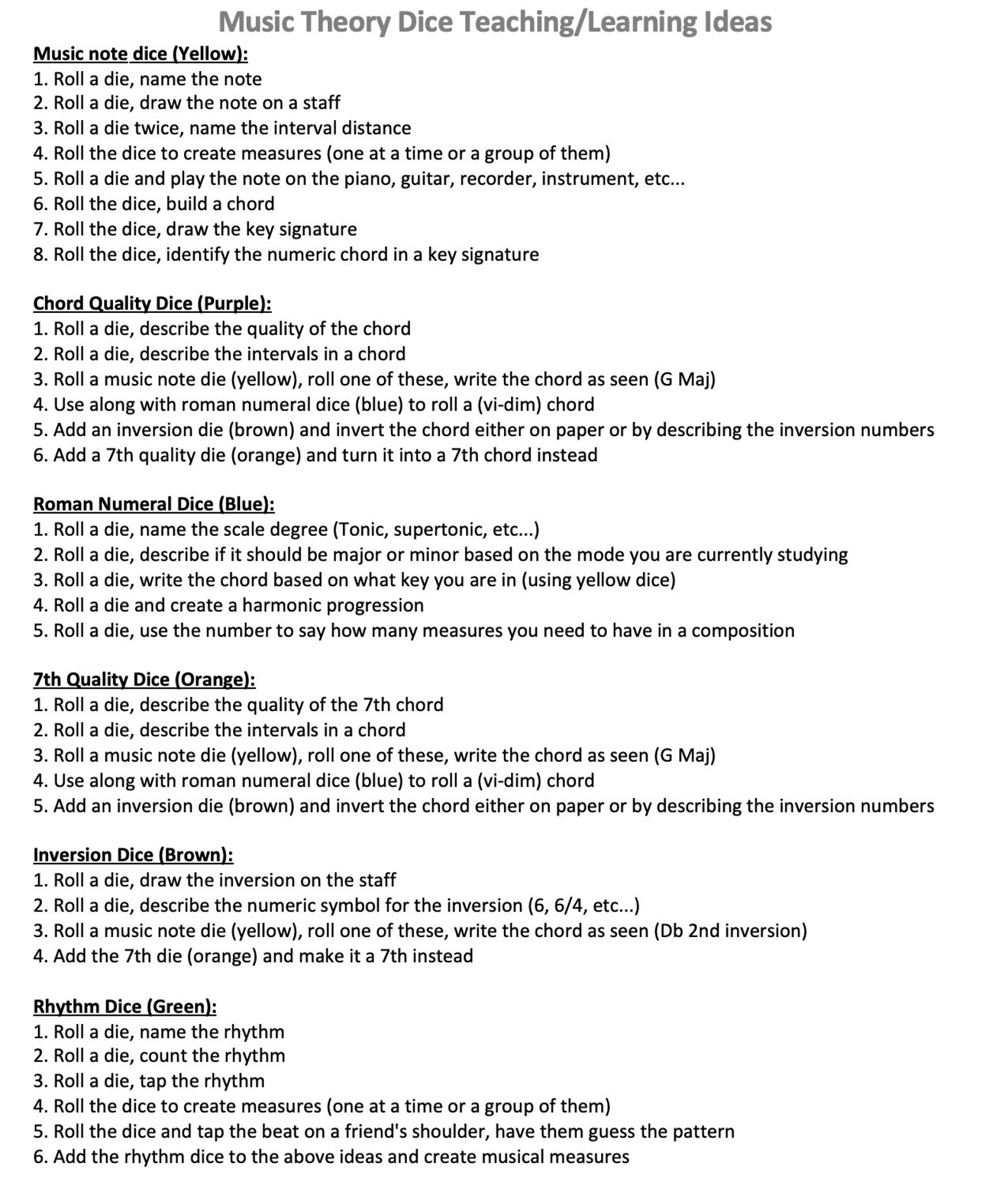 Music Theory Dice 3D Printed FREE SHIPPING on Whole Set - Etsy