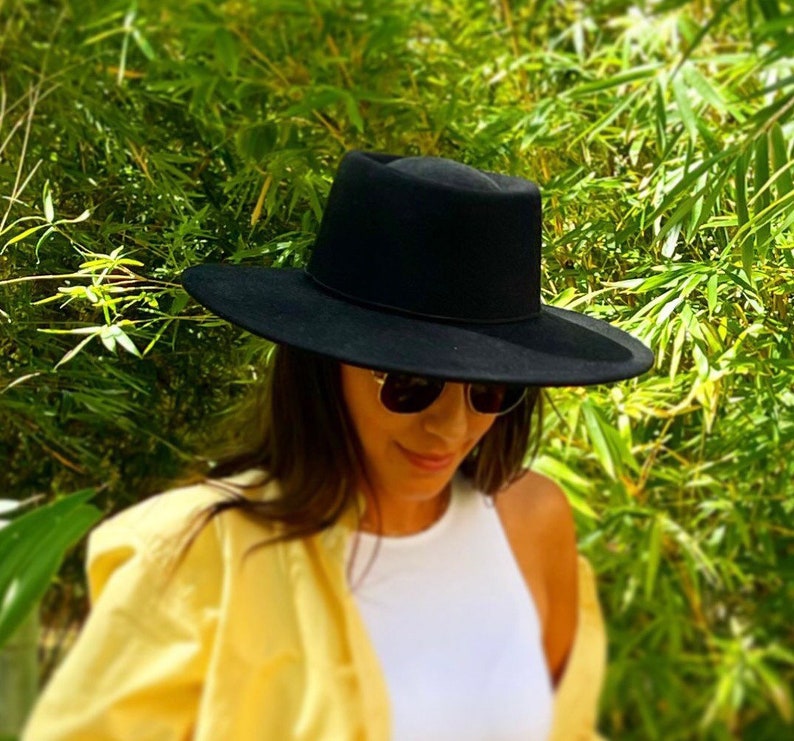 Black Boater Felt Hat for Women%100wool Felt Boater-wide Brim - Etsy