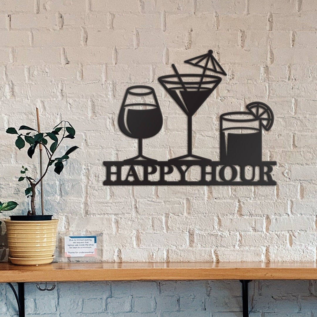 Vivegate Happy Hour Bar Sign Metal Wall Decor 14x11 Black Modern ...