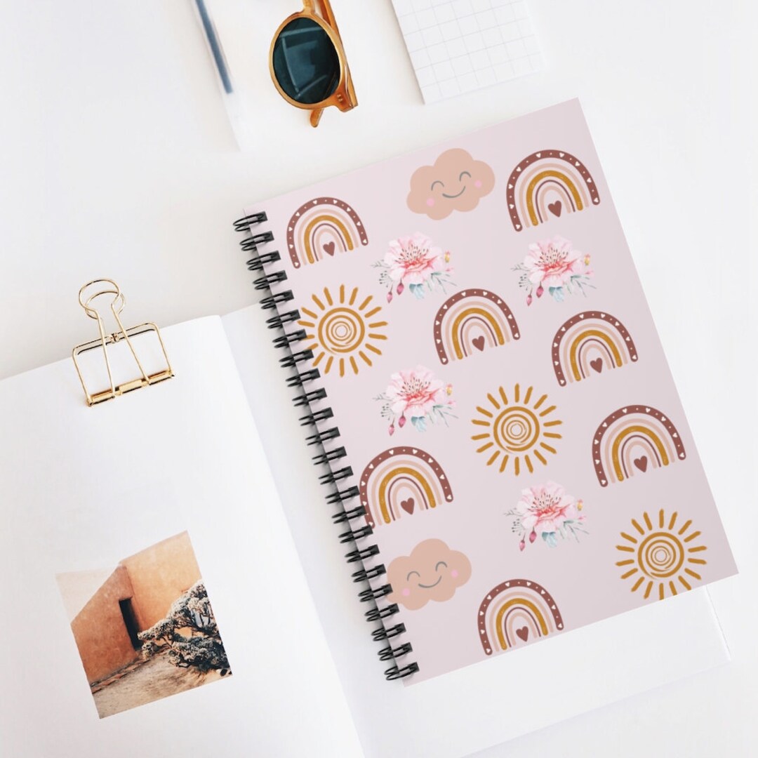 Beige Rainbow and Sunshine Spiral Notebook, Summer Notebook, Cute ...