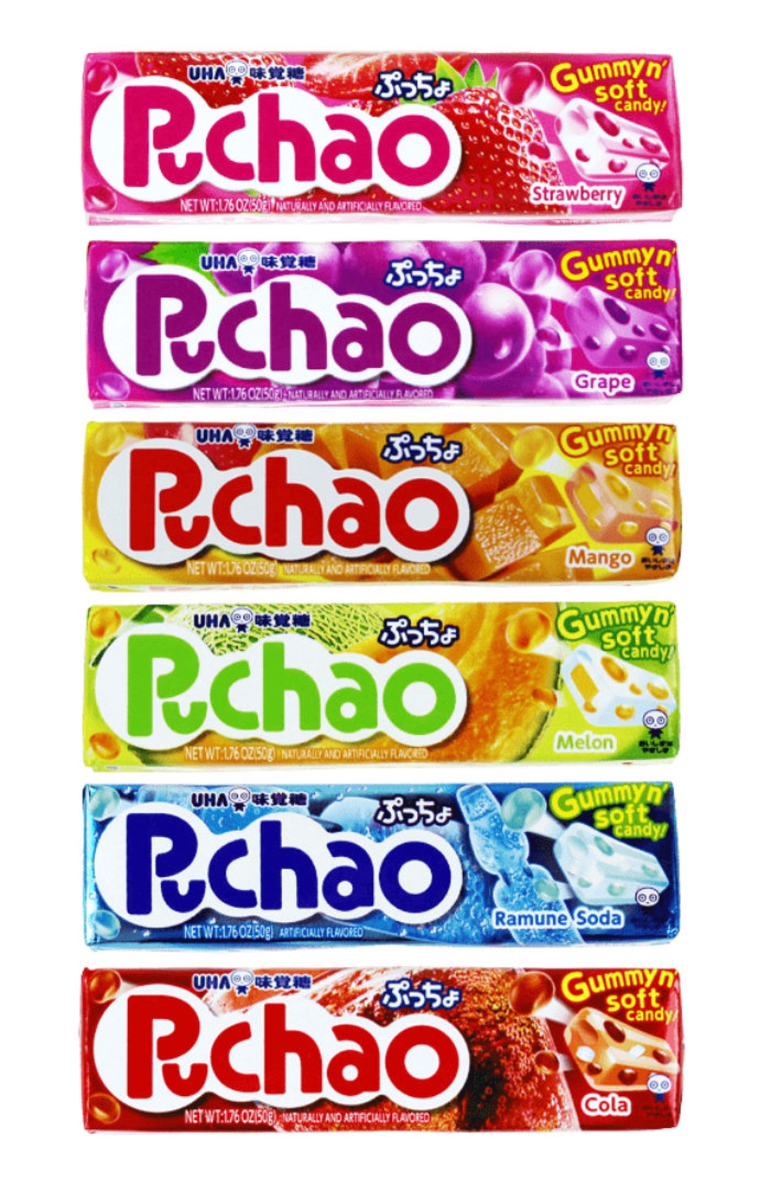 UHA Puchao Pucchao Chewy Candy 1.76oz Strawberry, Cola, Ramune Soda ...