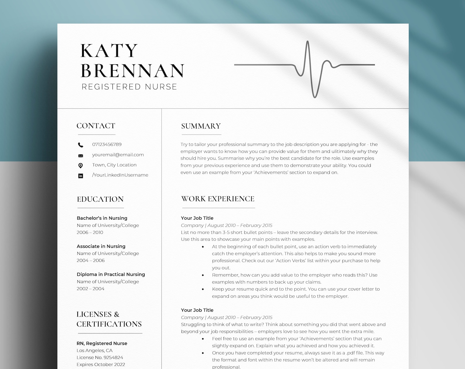 Student Nurse Resume Template for Ms Word & Mac Pages, RN Resume ...