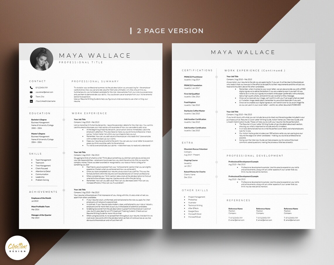 Two Page Resume Template Cover Letter & References Template - Etsy UK