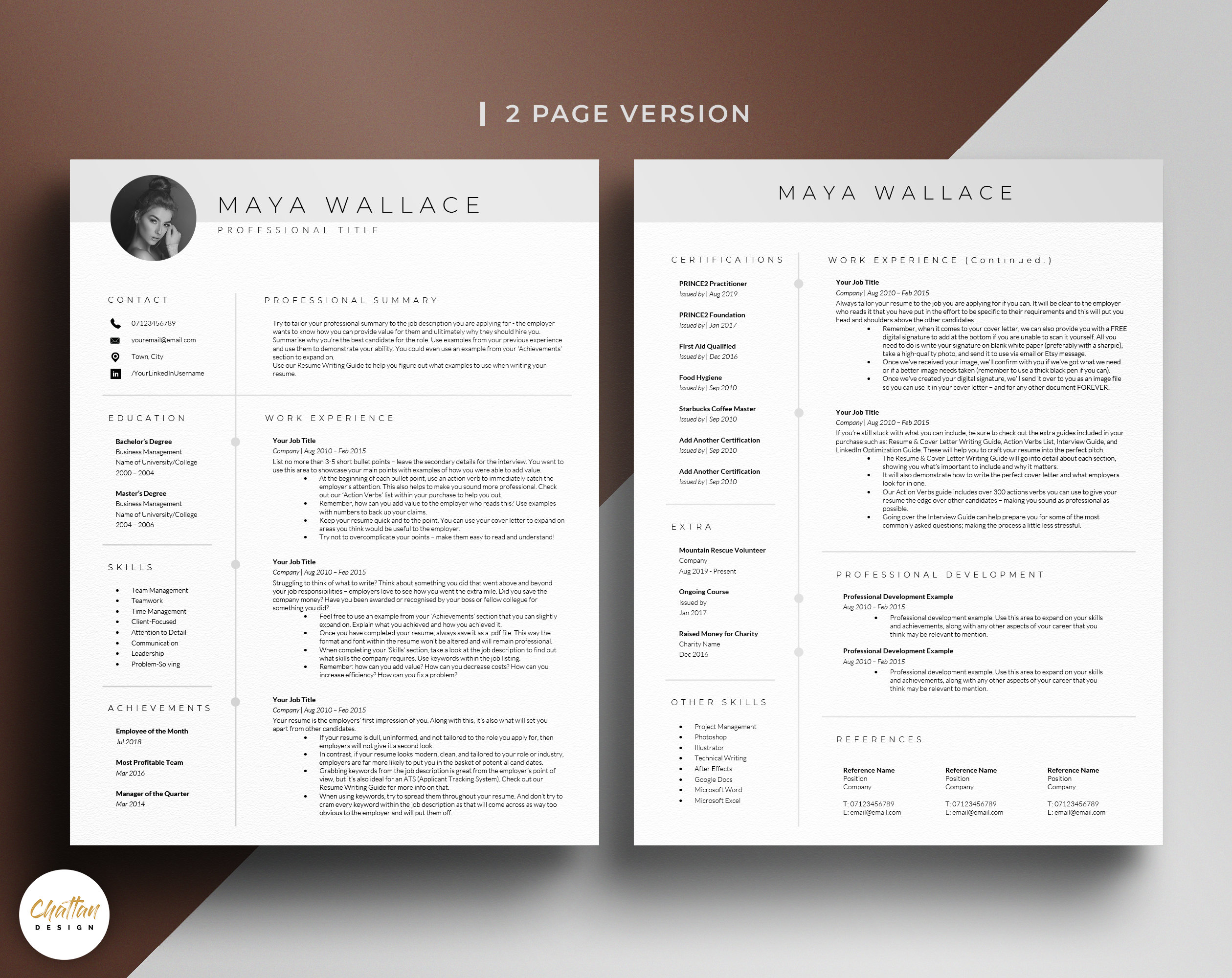 Two Page Resume Template Cover Letter & References Template for Ms Word ...