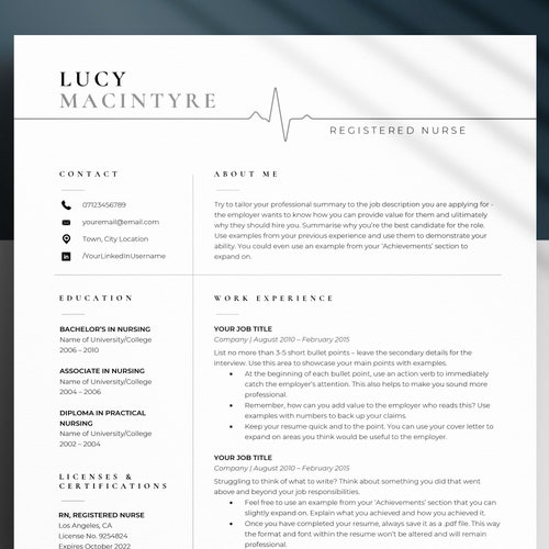 Nurse Resume Template for Google Docs Word Pages Medical | Etsy