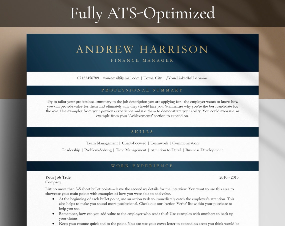 Plantilla de CV ATS profesional plantilla de CV para ATS CV | Etsy