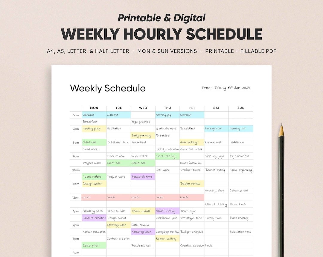 Weekly Hourly Schedule Printable Template, PDF Fillable Page, Daily ...