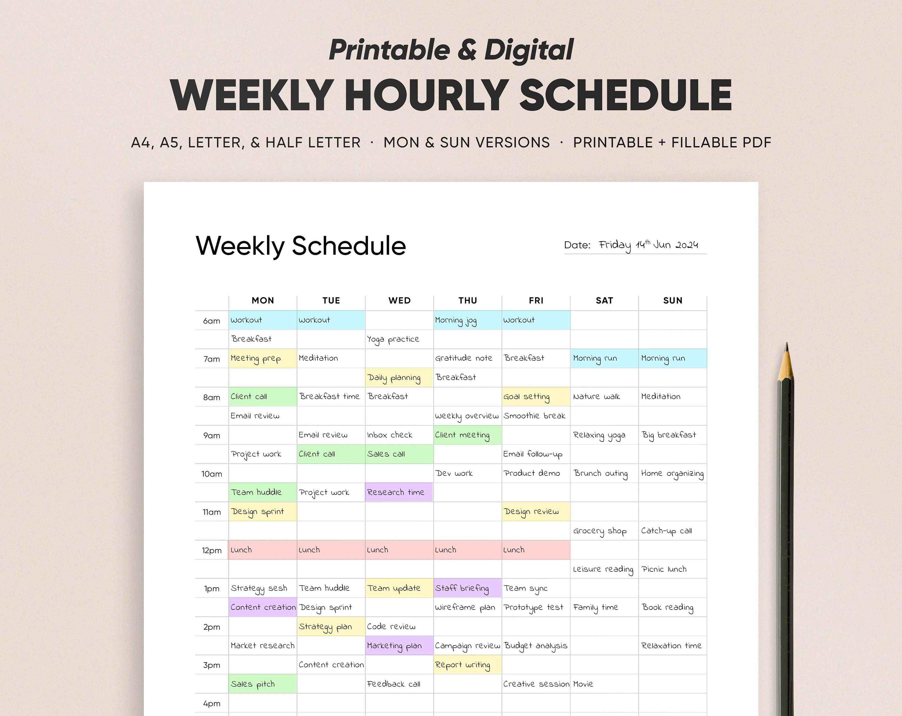 Weekly Hourly Schedule Printable Template, PDF Fillable Page, Daily ...