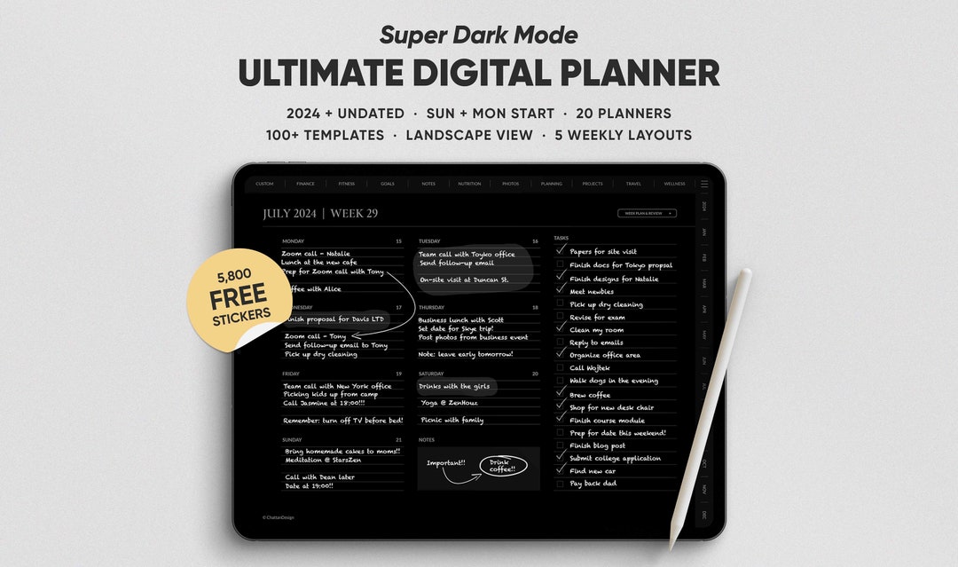 Extra Dark Mode 2024 Undated Digital Planner Collection, Goodnotes ...