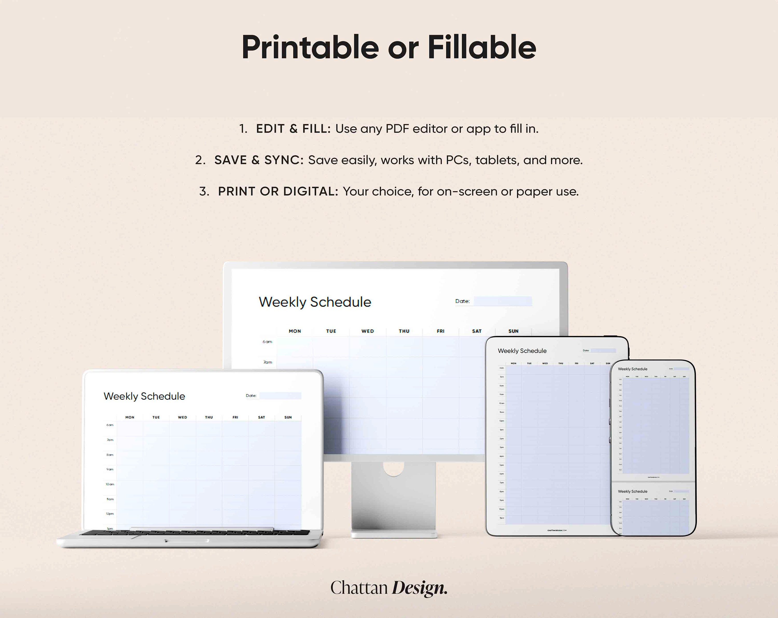 Weekly Hourly Schedule Printable Template, PDF Fillable Page, Daily ...