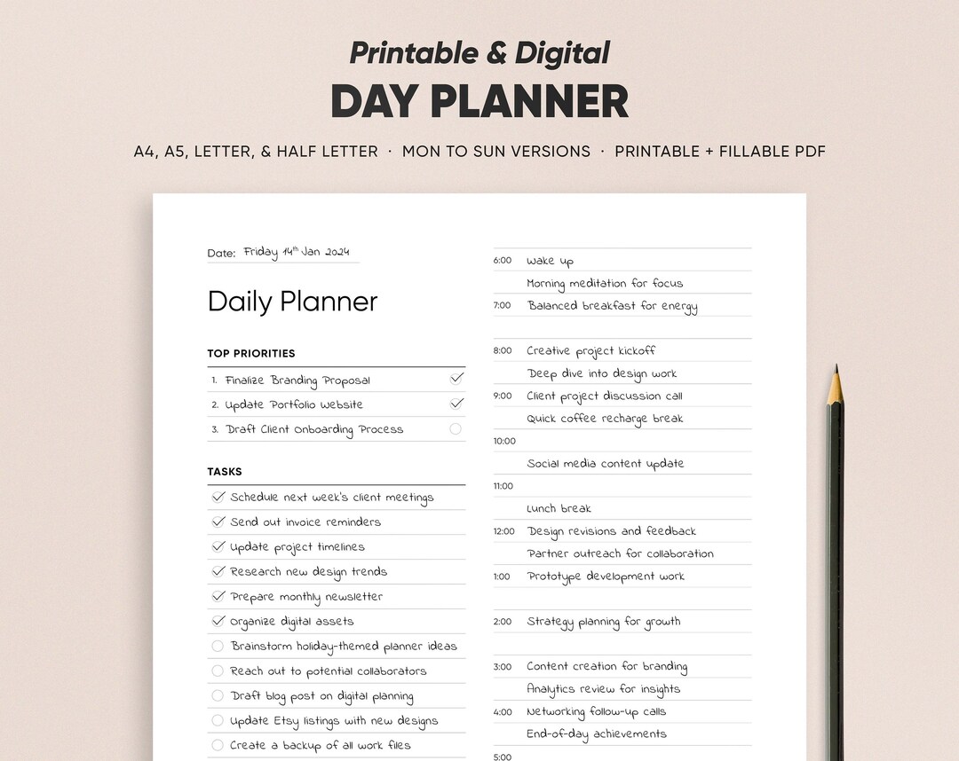 Daily Printable Planner Page Template, High Quality Print Day Planning ...