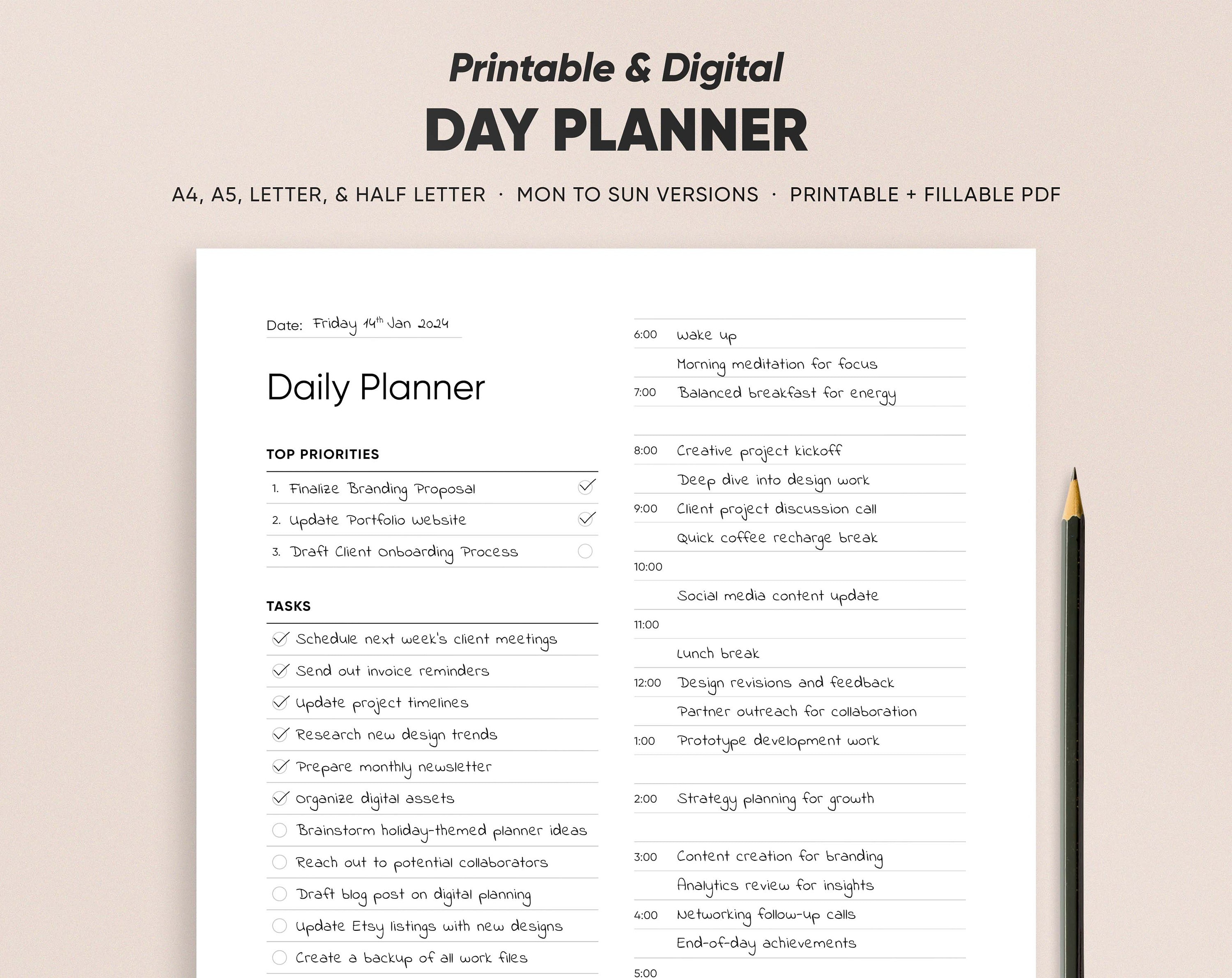 Daily Printable Planner Page Template, High Quality Print Day Planning ...