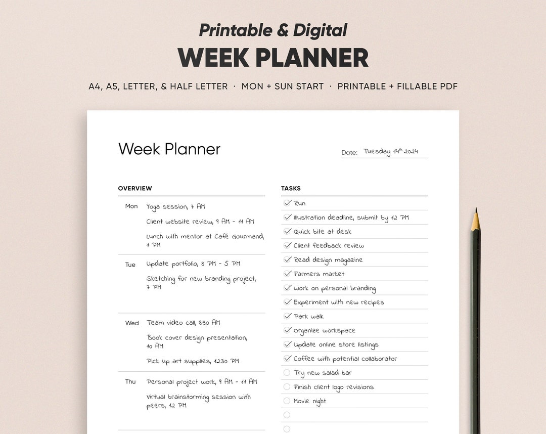 Week Planner in Printable & Digital Page Formats, Weekly Organizer ...