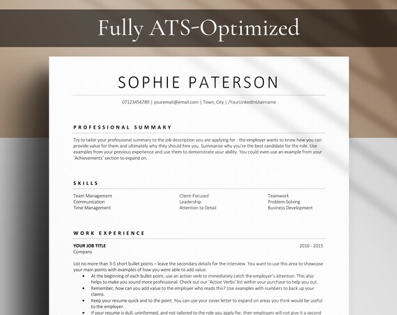 Classic ATS Optimized Resume Template Word ATS Friendly CV | Etsy