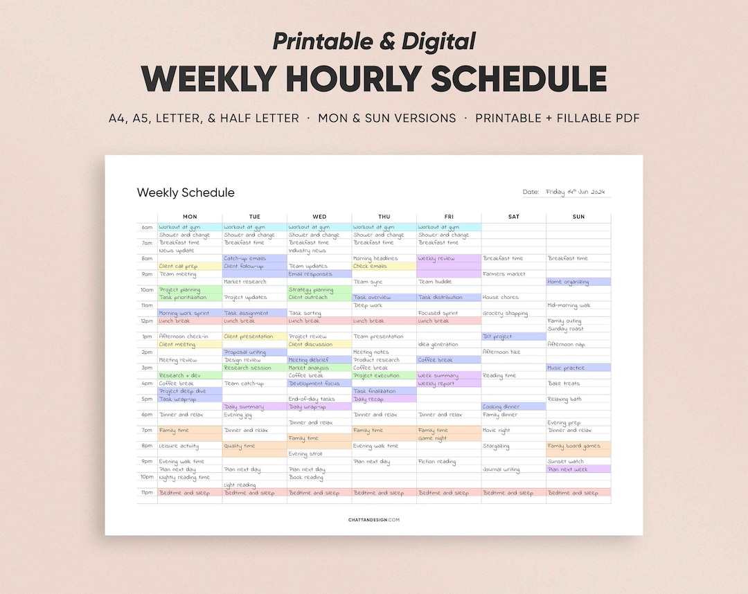 Weekly Hourly Planner Printable Template, Fillable PDF Page, Daily ...