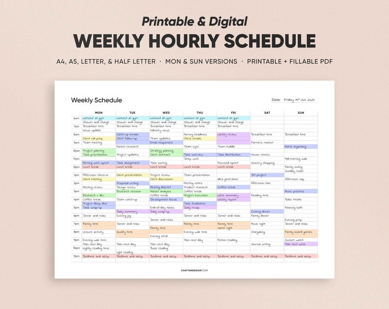 Weekly Hourly Planner Printable Template, Fillable PDF Page, Daily ...