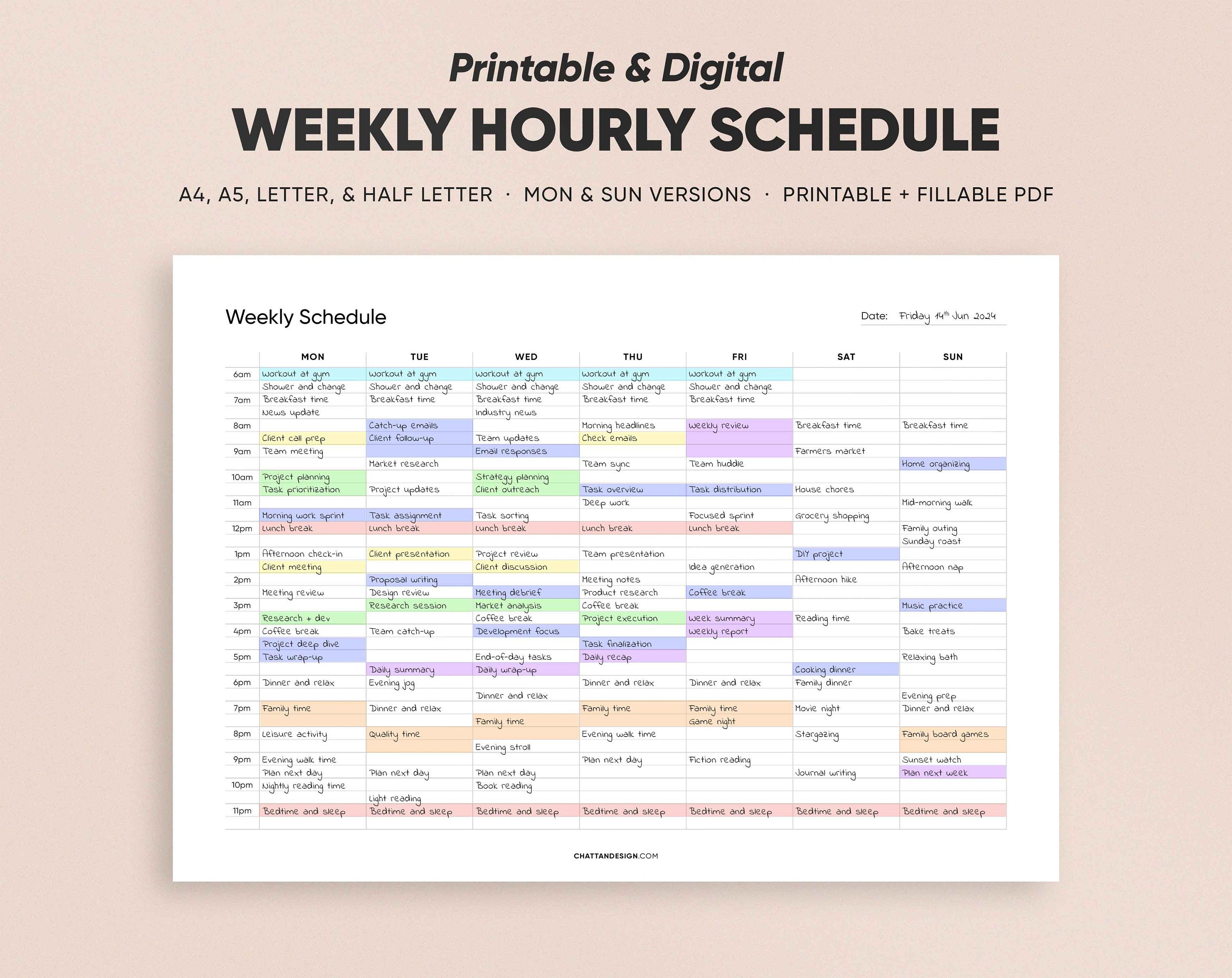 Weekly Hourly Planner Printable Template, Fillable PDF Page, Daily ...