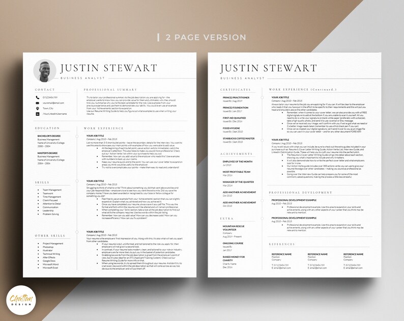 Resume & Cover Letter Template With Photo, Cv Template 1 and 2 Pages ...