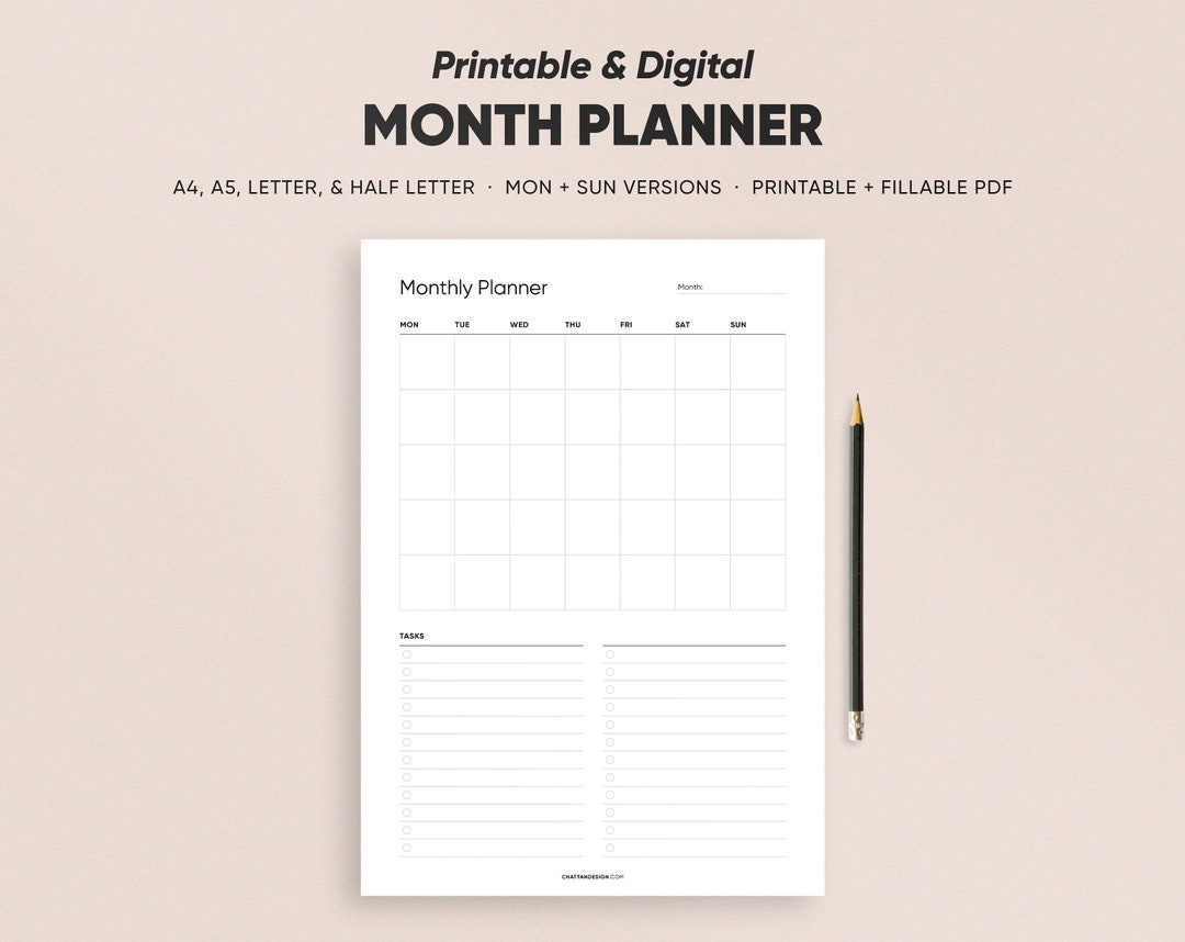 Undated Month Calendar Printable Page Template, Fillable Digital ...