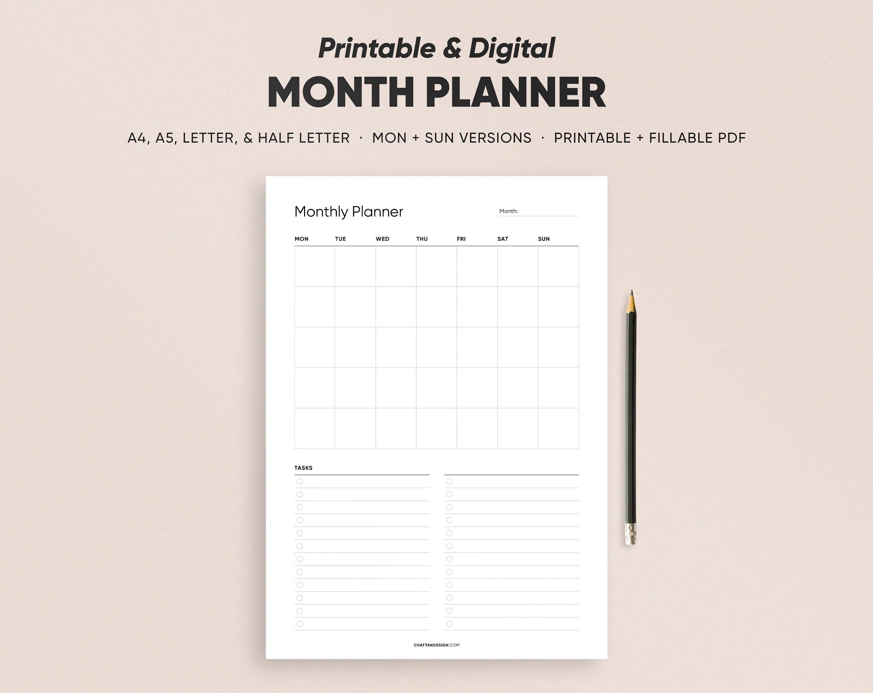 Undated Month Calendar Printable Page Template, Fillable Digital ...
