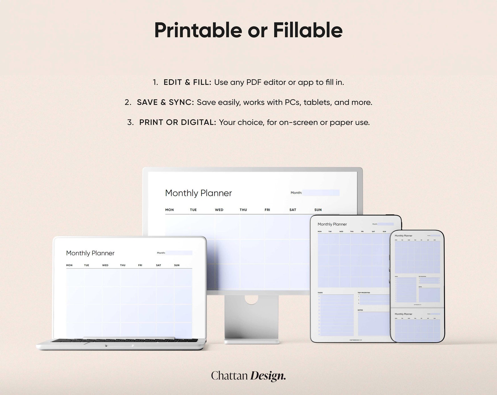 Undated Month Calendar Printable Page Template, Fillable Digital ...