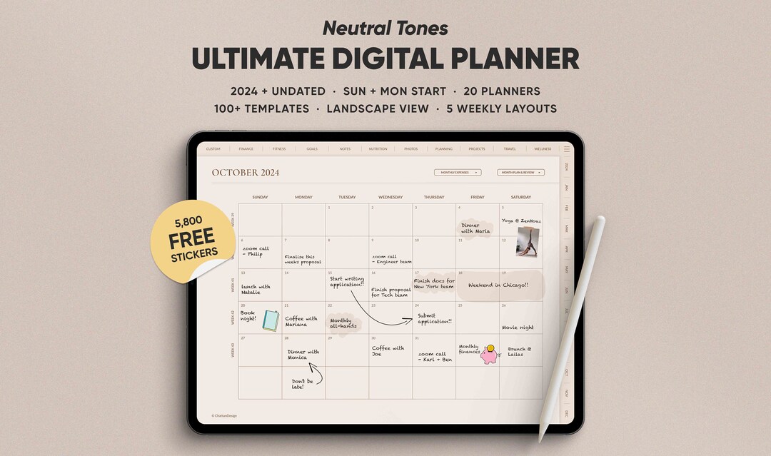 2024 Digital Planner, Neutral Color Landscape Planner, Undated Planner ...