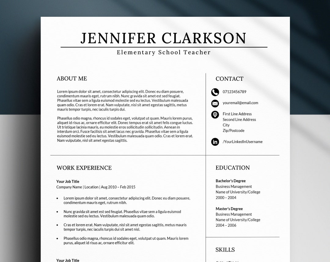 Minimalistic Teacher Resume for Ms Word Resume Template in A4 - Etsy UK
