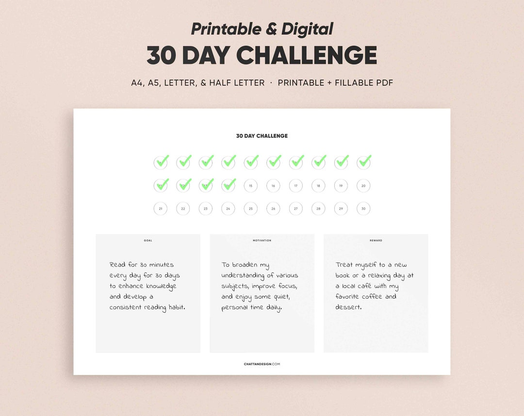 30 Day Challenge Printable Template, Fillable PDF Planner, Digital ...