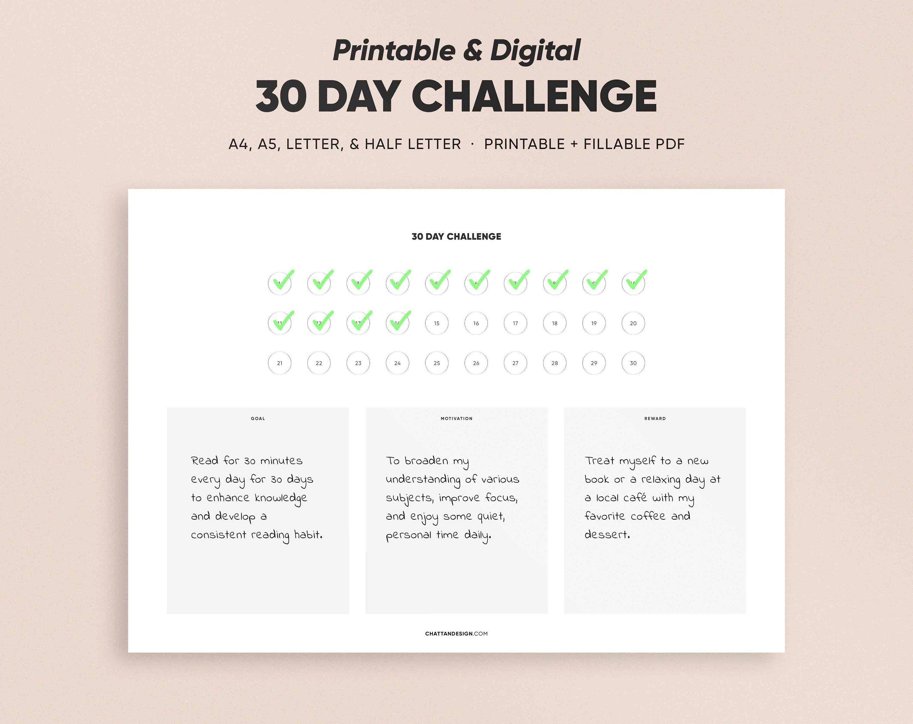 30 Day Challenge Printable Template, Fillable PDF Planner, Digital ...