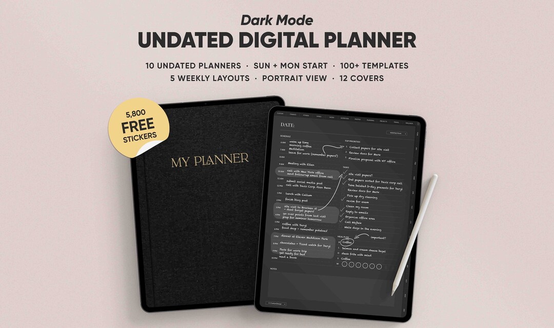 UNDATED Dark Mode Digital Planner for Goodnotes & Notability, iPad ...