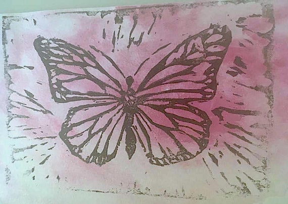 Butterfly Linocut Monoprint on Watercolor | Etsy