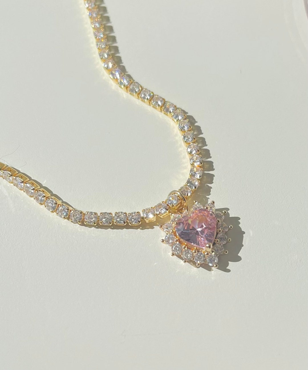 18k Gold Plated Tennis Chain Princess Heart Choker/comes Beautifully ...