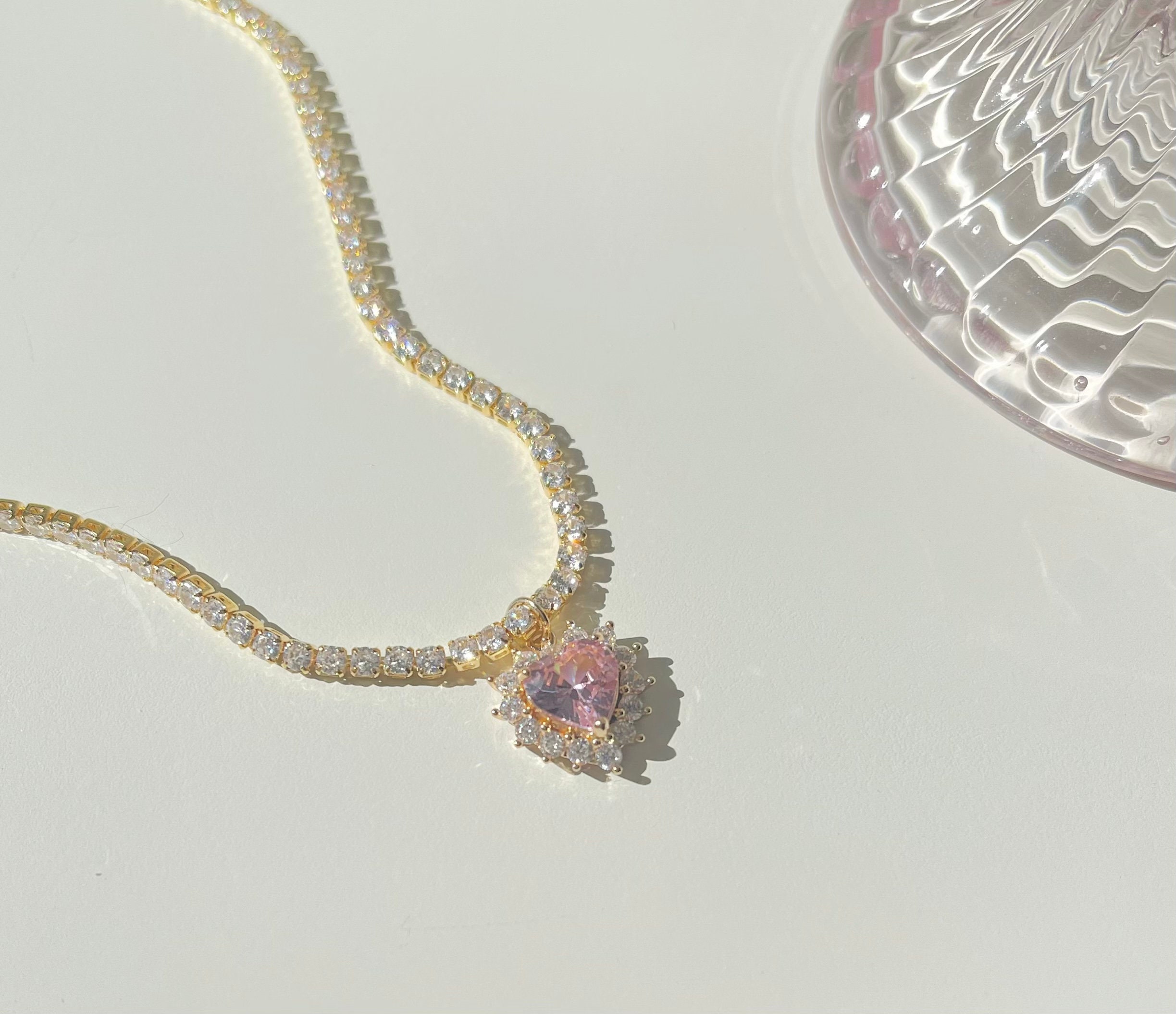 18k Gold Plated Tennis Chain Princess Heart Choker/comes - Etsy