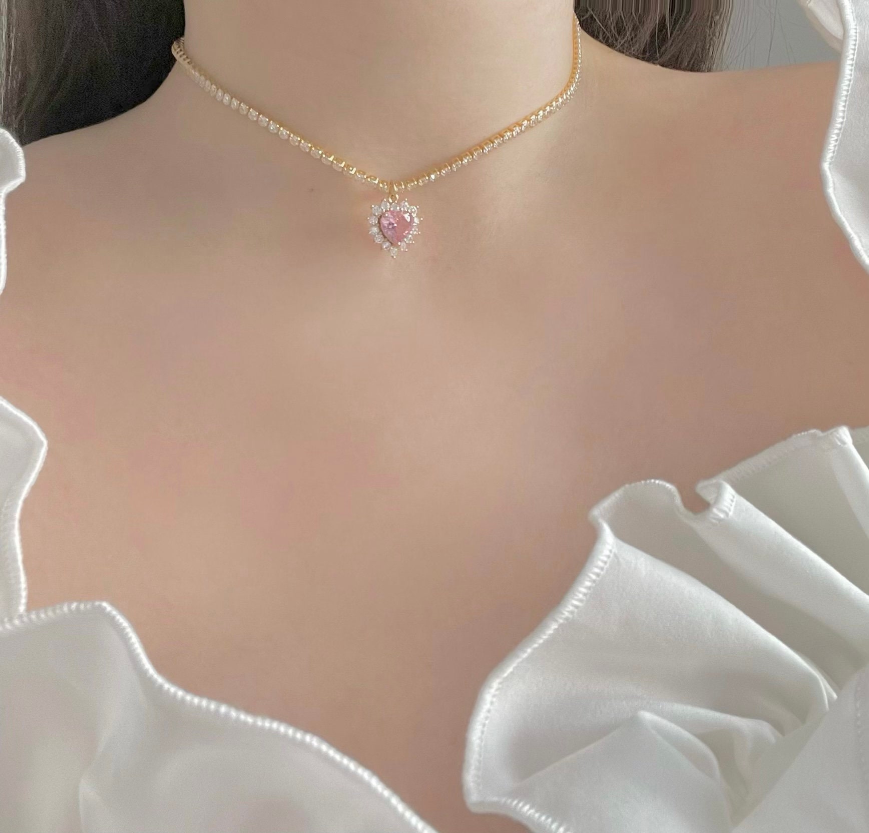 18k Gold Plated Tennis Chain Princess Heart Choker/comes - Etsy