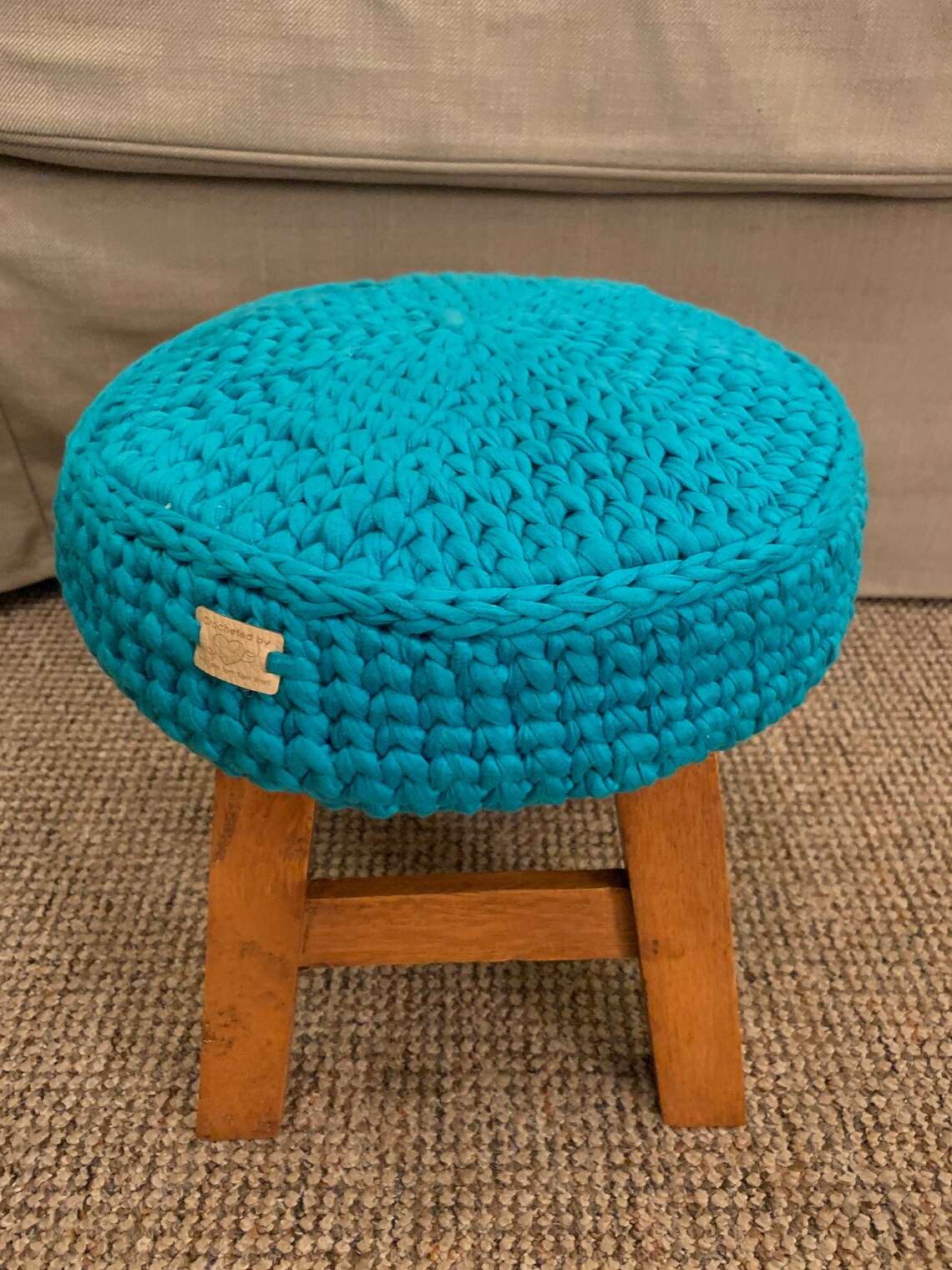 Crocheted Footstool Padded Footstool Round Footstool Wooden - Etsy