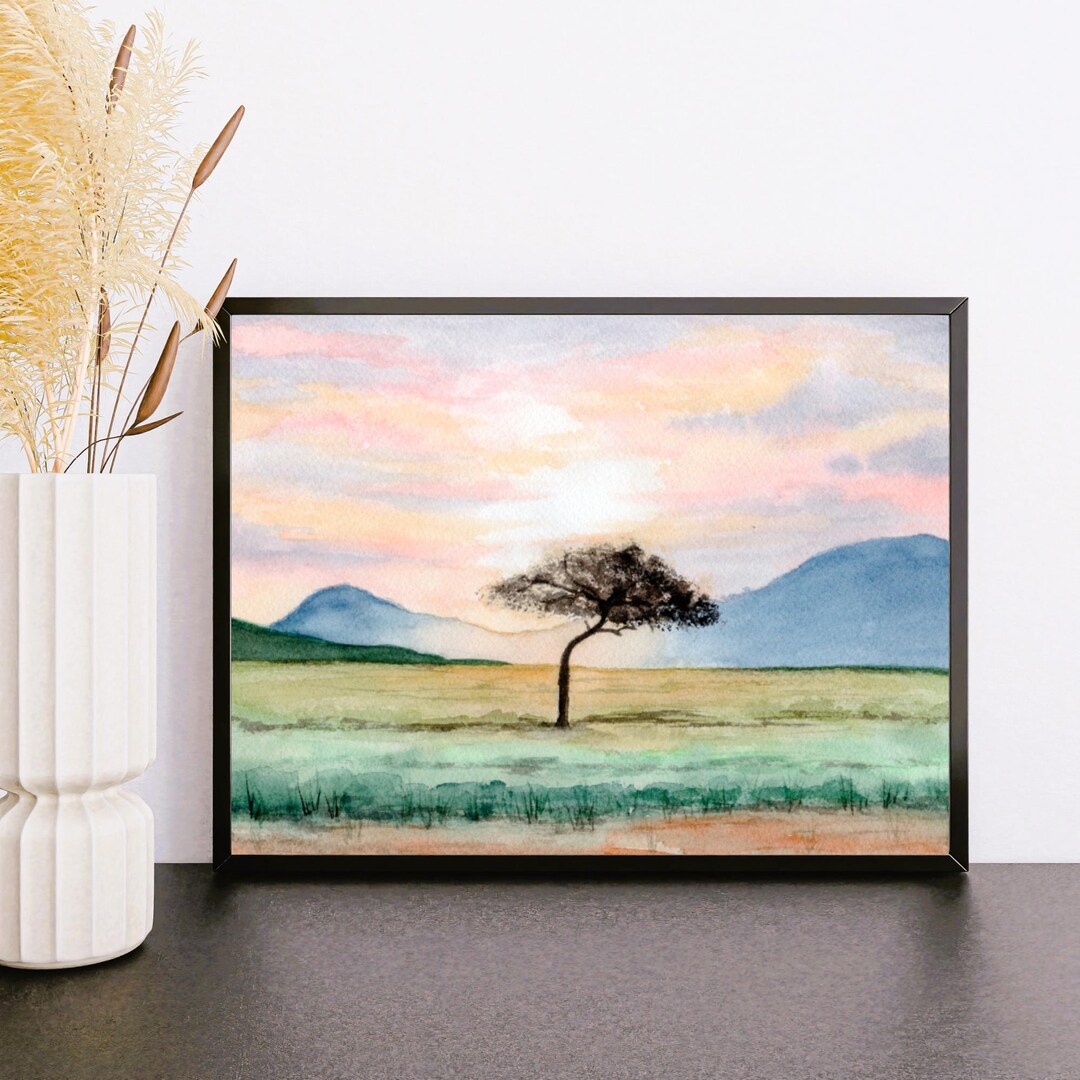 Acacia Tree Art, Watercolor Print, Africa Landscape Print, Watercolor ...